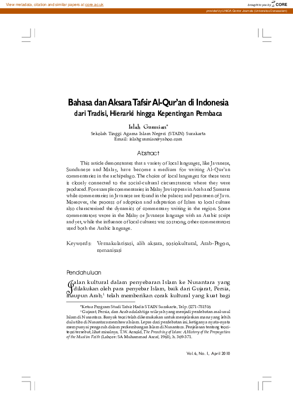 (PDF) Bahasa dan Aksara Tafsir Al-Qur’an di Indonesia dari Tradisi, Hierarki hingga Kepentingan ...