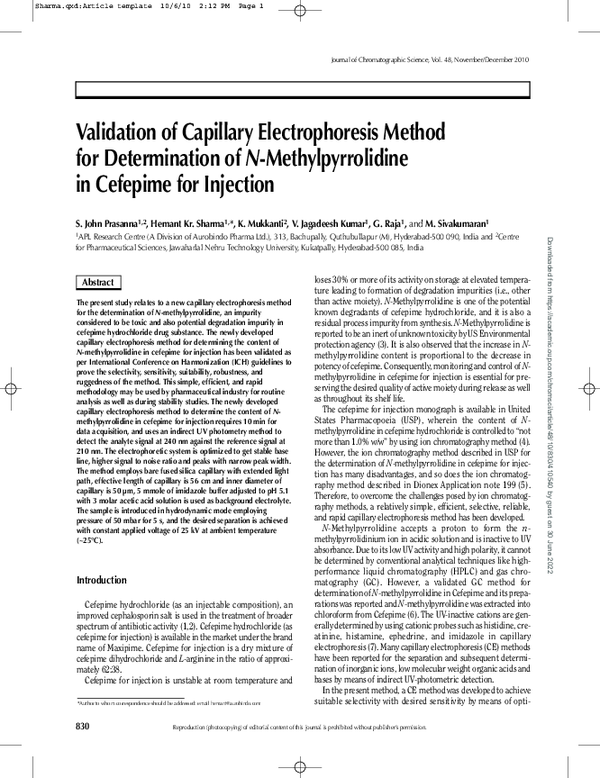 Pdf Validation Of Capillary Electrophoresis Method For Determination Of N Methylpyrrolidine In