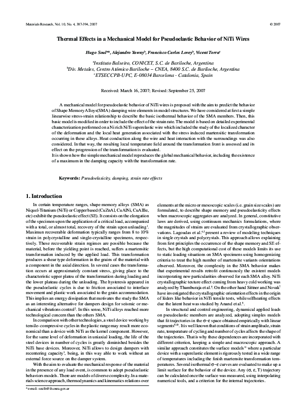 (PDF) Thermal effects in a mechanical model for pseudoelastic behavior of NiTi wires