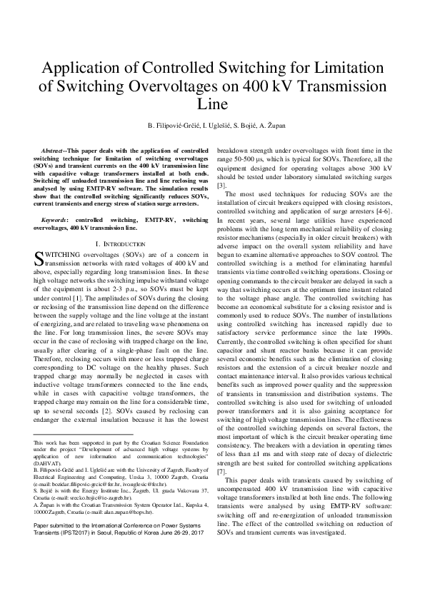 (PDF) Application of Controlled Switching for Limitation of Switching Overvoltages on 400 kV ...