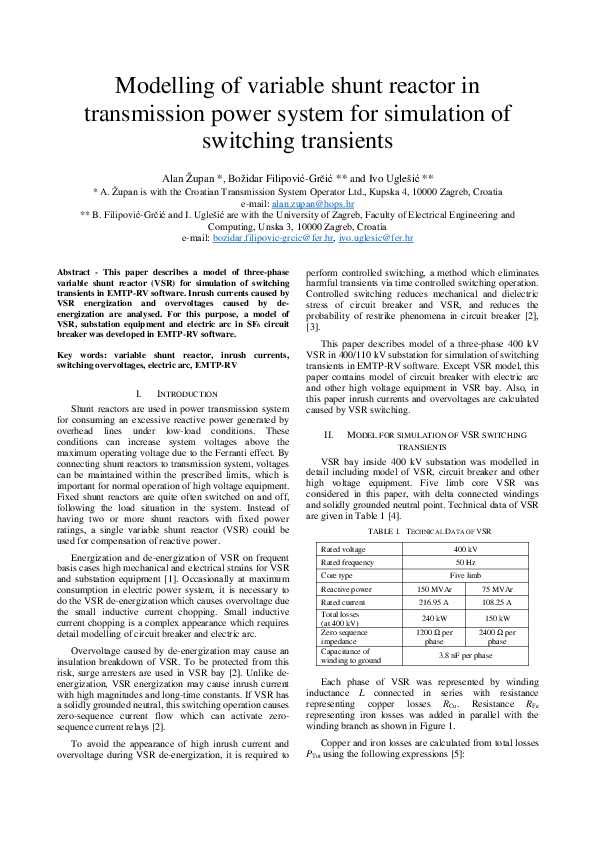 (PDF) Modelling of variable shunt reactor in transmission power system for simulation of ...