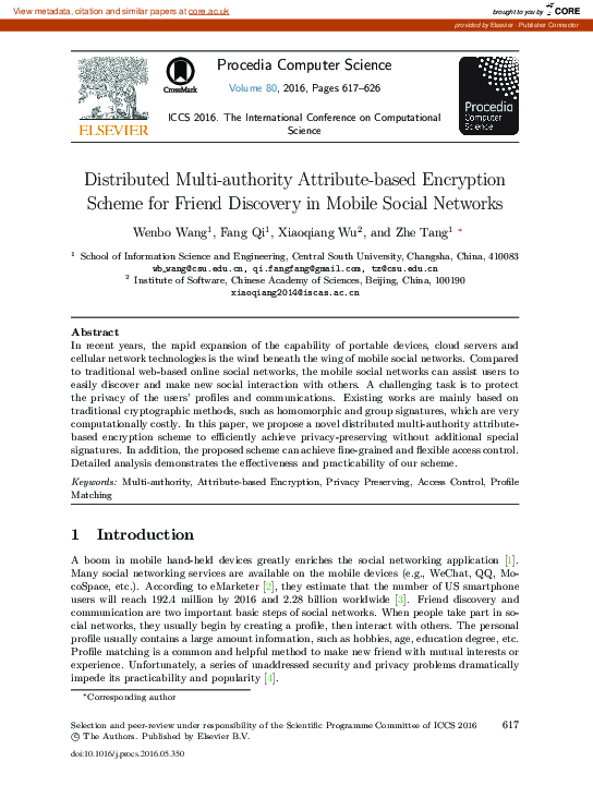 Pdf Distributed Multi Authority Attribute Based Encryption Scheme For Friend Discovery In