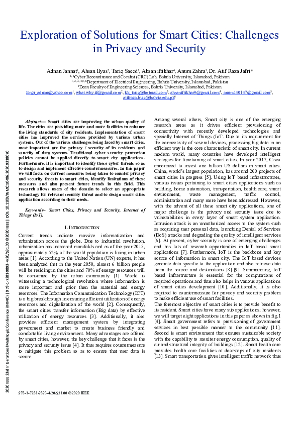 (PDF) Exploration of Solutions for Smart Cities: Challenges in Privacy ...