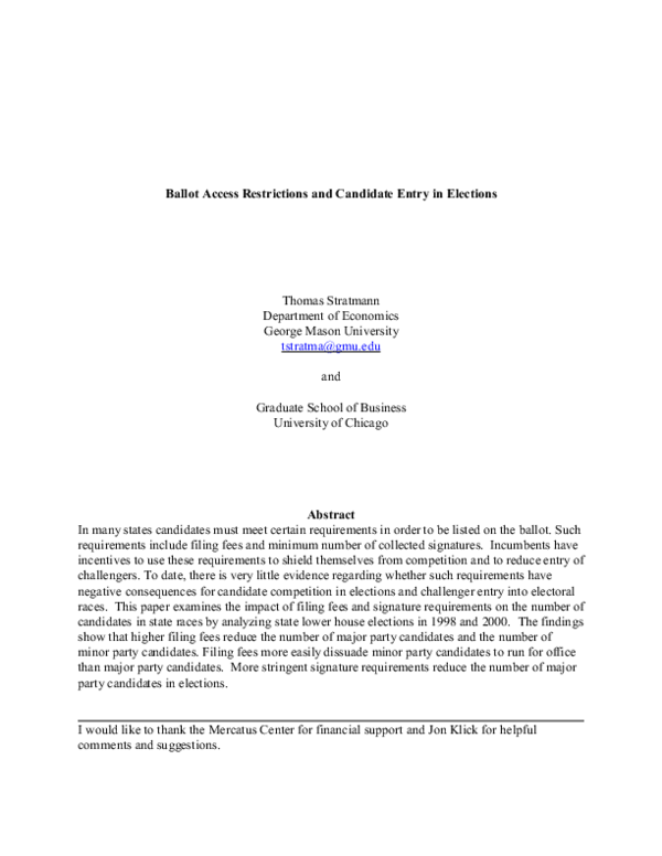 (PDF) Ballot access restrictions and candidate entry in elections