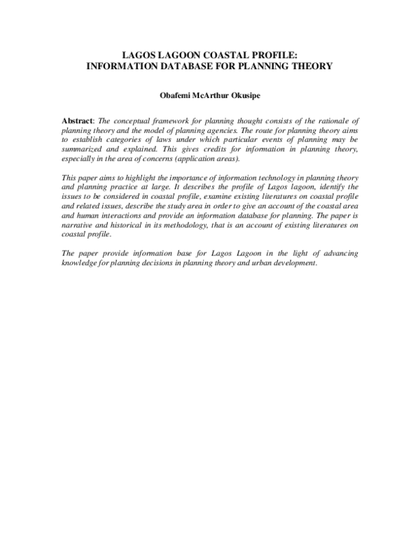 (PDF) Lagos Lagoon Coastal Profile: A Database for Planning Theory