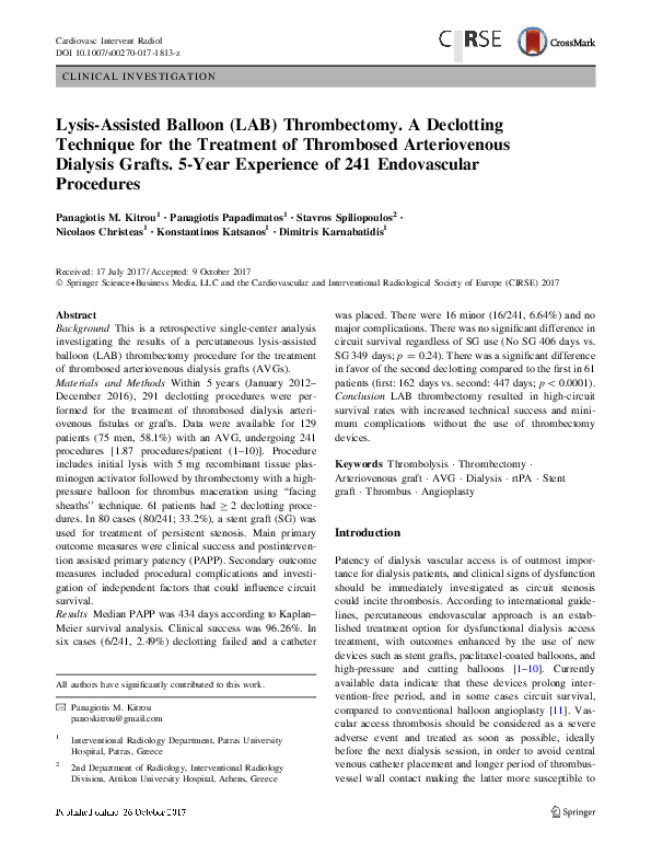(PDF) Lysis-Assisted Balloon (LAB) Thrombectomy. A Declotting Technique ...