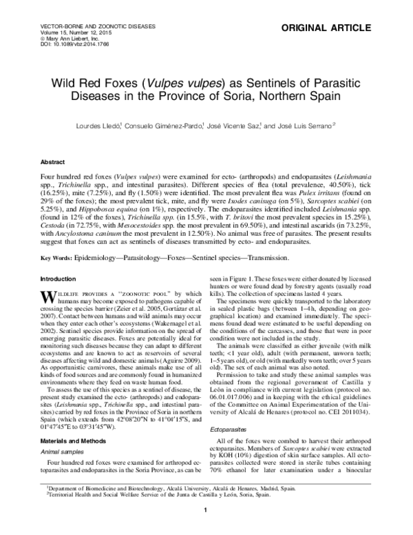 (PDF) Wild Red Foxes (Vulpes vulpes) as Sentinels of Parasitic Diseases in the Province of Soria ...