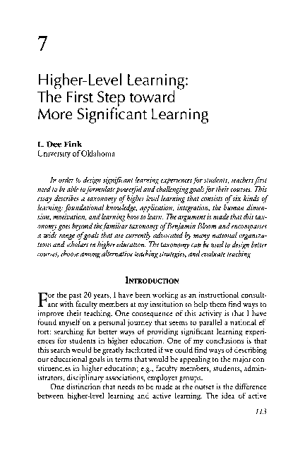 (PDF) 7: Higher-Level Learning: The First Step toward More Significant ...