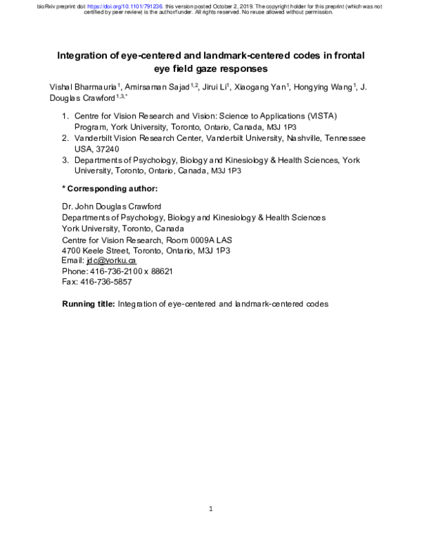 (PDF) Integration of eye-centered and landmark-centered codes in frontal eye field gaze responses