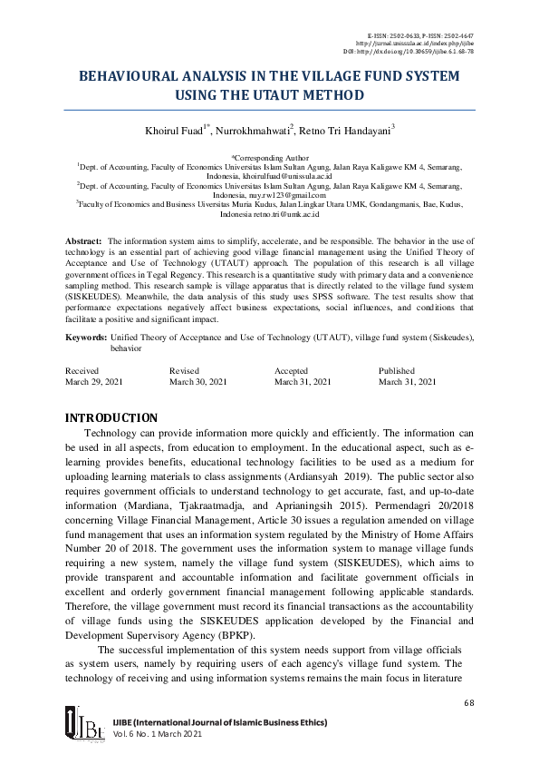 Pdf Behavioural Analysis In The Village Fund System Using The Utaut Method