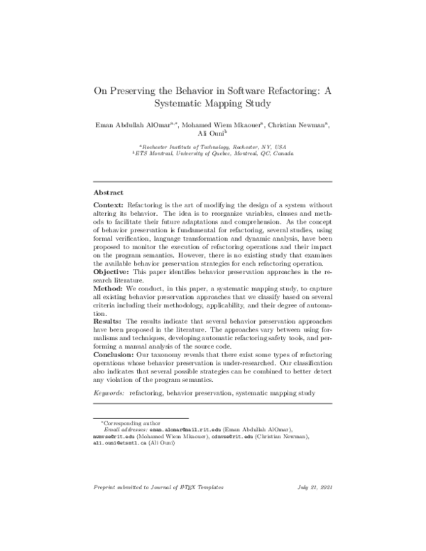 (PDF) On Preserving the Behavior in Software Refactoring: A Systematic Mapping Study
