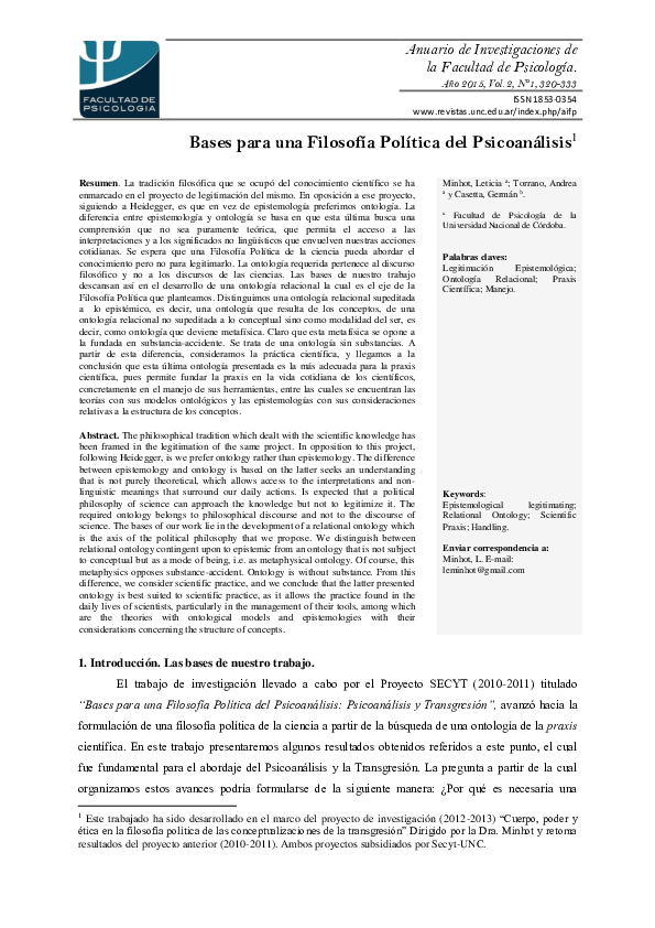 (PDF) Bases para una Filosofía Política del Psicoanálisis