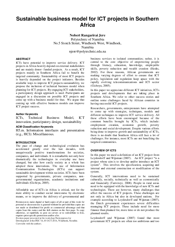 (PDF) Sustainable business model for ICT projects in Southern Africa