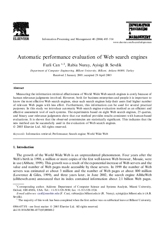 (PDF) Automatic performance evaluation of Web search engines