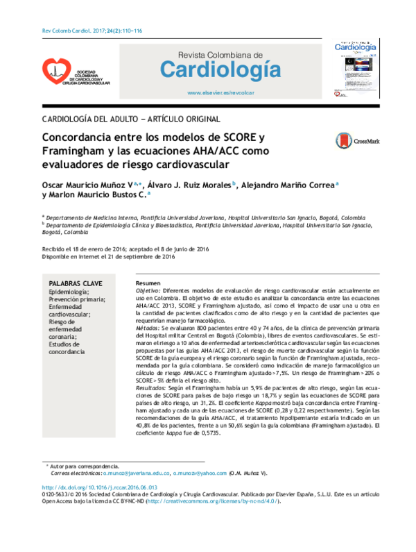 (PDF) Concordancia entre los modelos de SCORE y Framingham y las ...