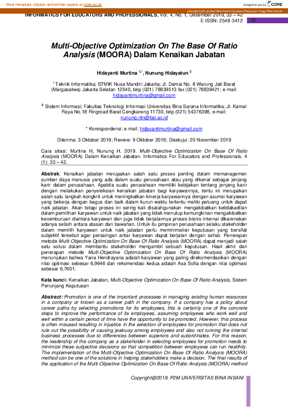 Pdf Multi Objective Optimization On The Base Of Ratio Analysis Moora Dalam Kenaikan Jabatan