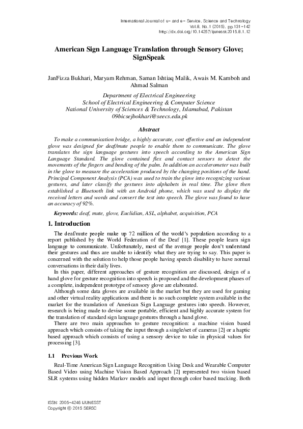 (PDF) American Sign Language Translation through Sensory Glove; SignSpeak | Maryam Rehman ...