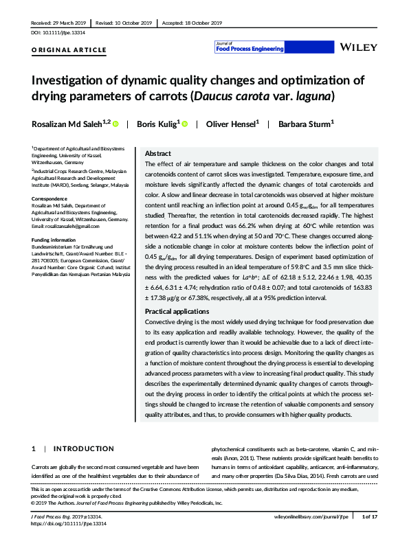 (PDF) Investigation of dynamic quality changes and optimization of drying parameters of carrots ...