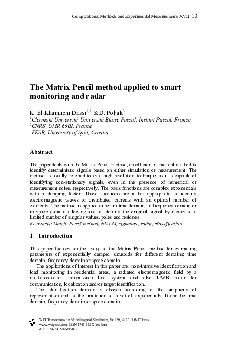 (PDF) The Matrix Pencil method applied to smart monitoring and radar