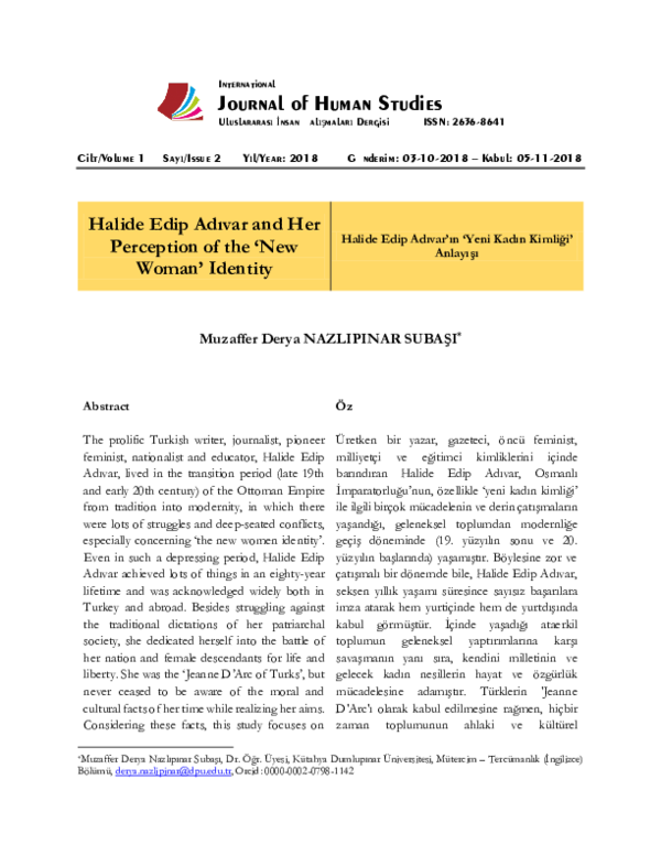 (PDF) Halide Edip Adıvar’ın ‘Yeni Kadın Kimliği’ Anlayışı