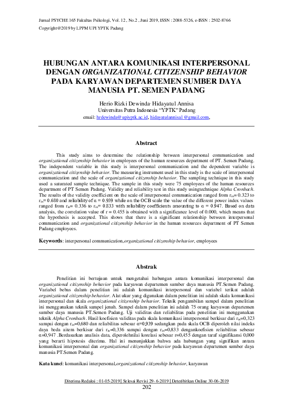 (PDF) Hubungan antara Komunikasi Interpersonal dengan Organizational Citizenship Behavior pada ...