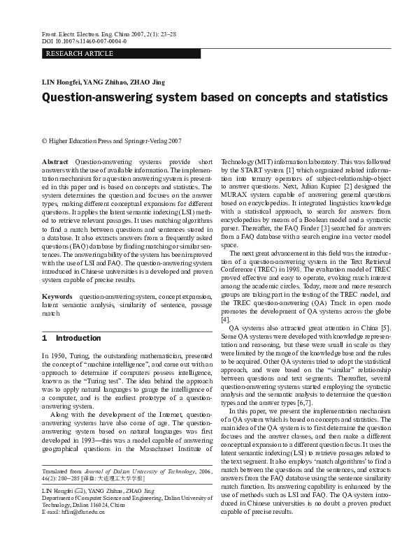 (PDF) Question-answering system based on concepts and statistics