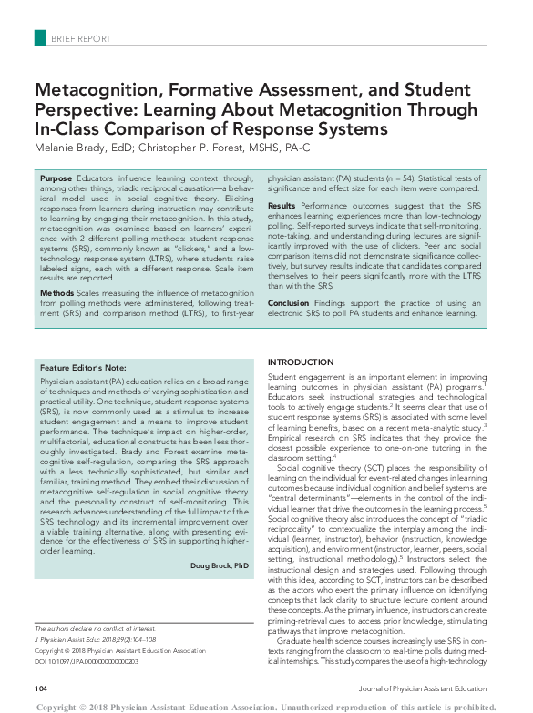 (PDF) Metacognition, Formative Assessment, and Student Perspective ...