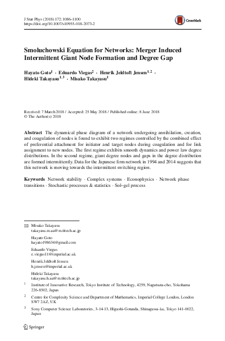 (PDF) Smoluchowski Equation for Networks: Merger Induced Intermittent Giant Node Formation and ...