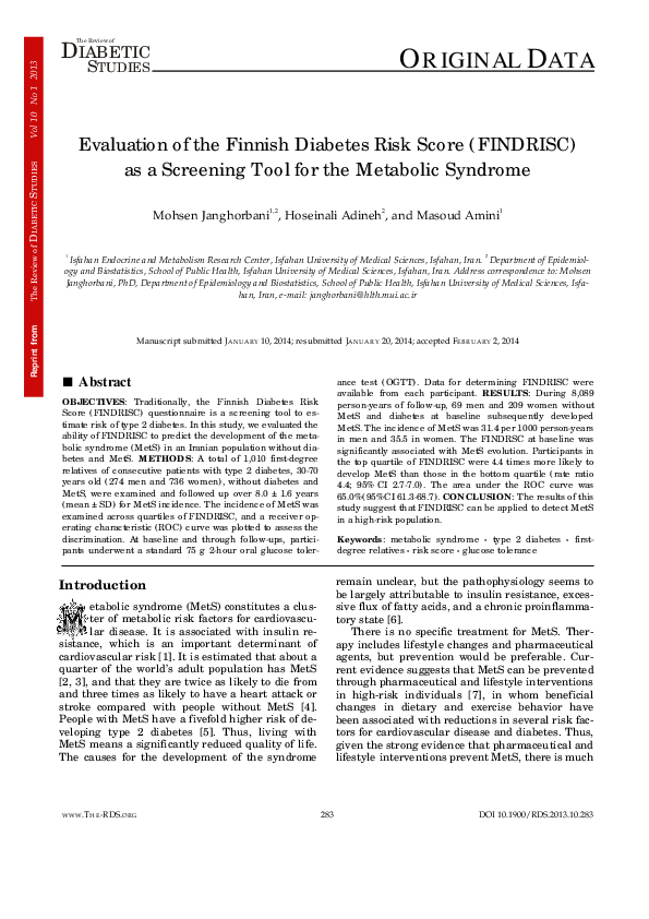 (PDF) Evaluation of the Finnish Diabetes Risk Score (FINDRISC) as a ...