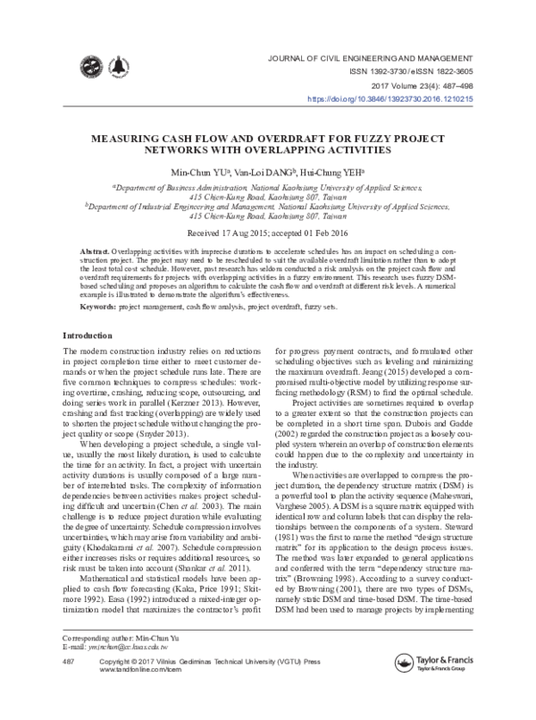 (PDF) Measuring cash flow and overdraft for fuzzy project networks with overlapping activities