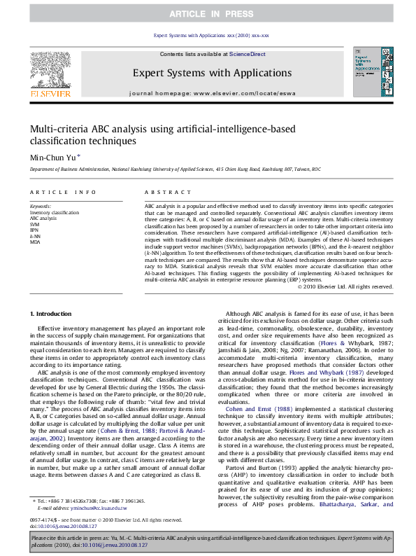 (PDF) Multi-criteria ABC analysis using artificial-intelligence-based classification techniques