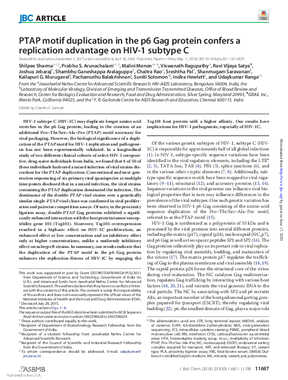 (PDF) PTAP motif duplication in the p6 Gag protein confers a ...