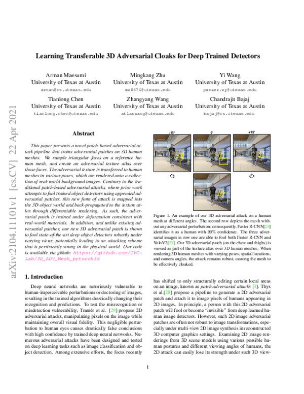 (PDF) Learning Transferable 3D Adversarial Cloaks for Deep Trained Detectors