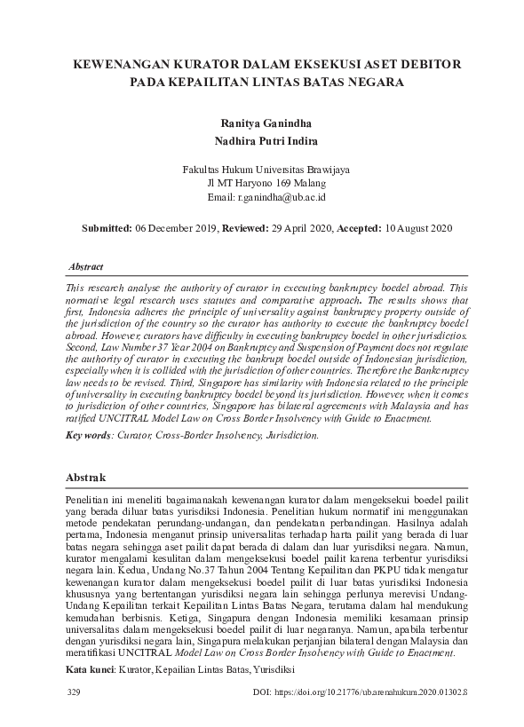 (PDF) Kewenangan Kurator Dalam Eksekusi Aset Debitor Pada Kepailitan ...