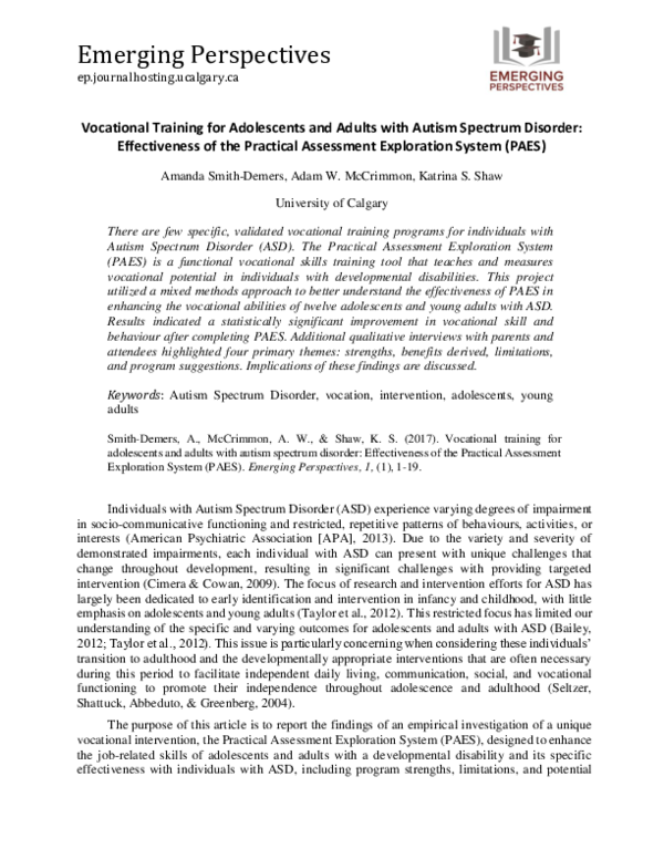 (PDF) Vocational Training for Adolescents and Adults with Autism ...