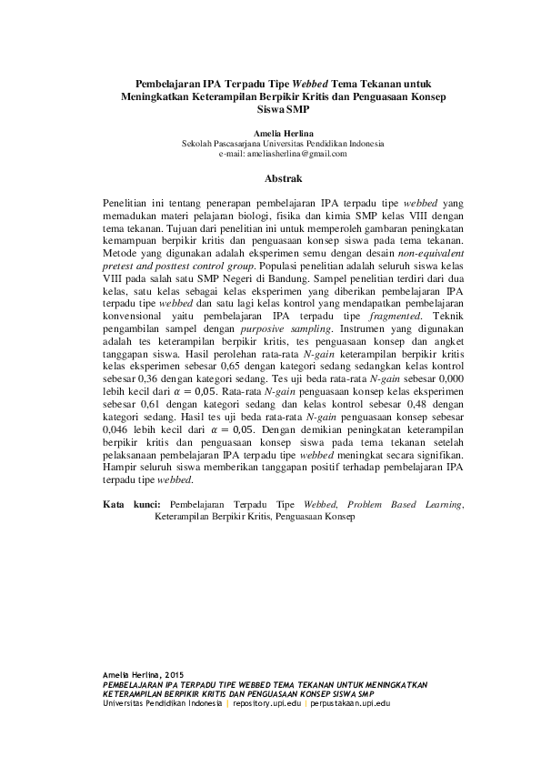 (PDF) Pembelajaran Ipa Terpadu Tipe Webbed Tema Tekanan Untuk Meningkatkan Keterampilan Berpikir ...