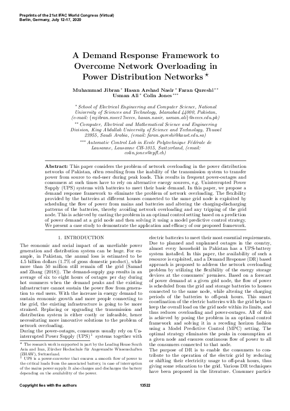 Pdf A Demand Response Framework To Overcome Network Overloading In Power Distribution Networks