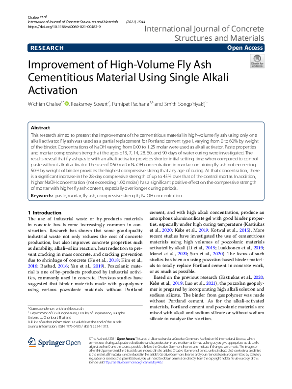(PDF) Improvement of High-Volume Fly Ash Cementitious Material Using Single Alkali Activation