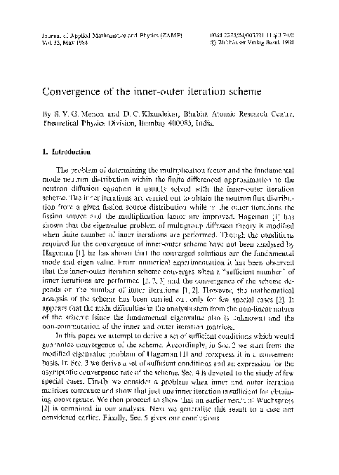 Pdf Convergence Of The Inner Outer Iteration Scheme S V G Menon