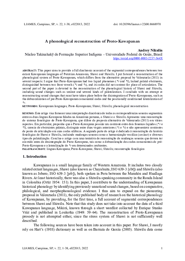 (PDF) A phonological reconstruction of Proto-Kawapanan