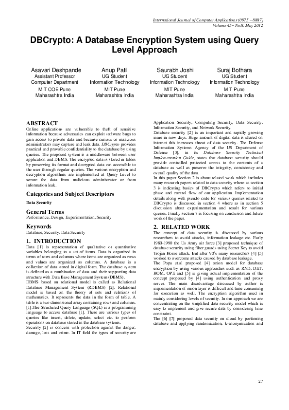 Pdf Dbcrypto Query Level Database Encryption