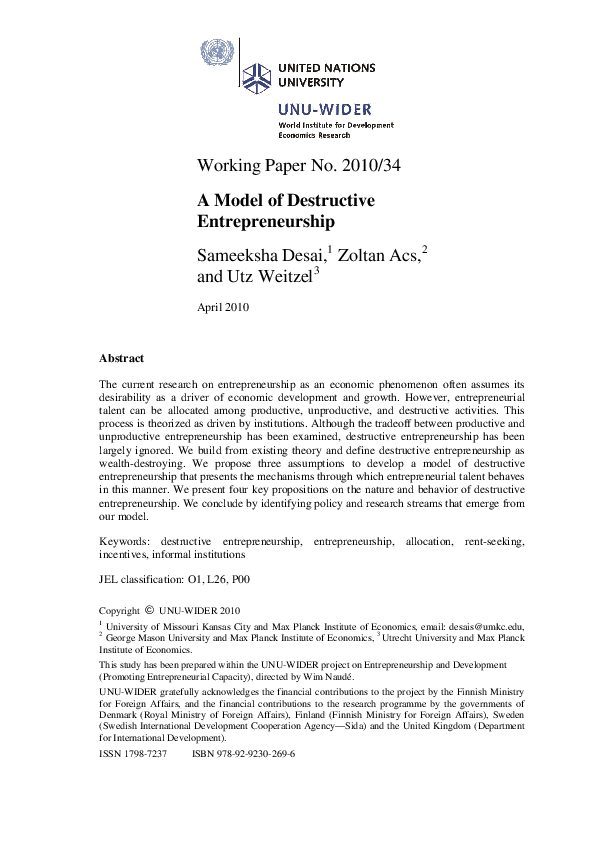 (PDF) A Model of Destructive Entrepreneurship