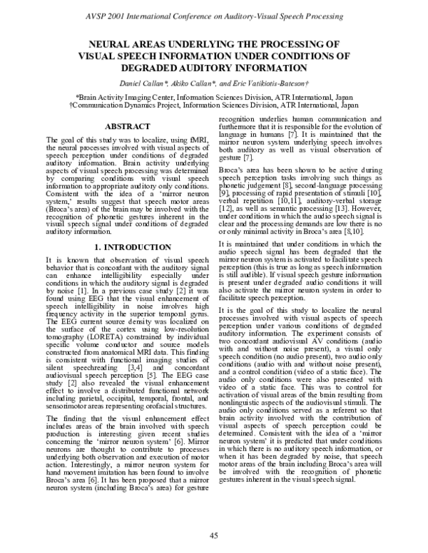 (PDF) Neural areas underlying the processing of visual speech information under conditions of ...
