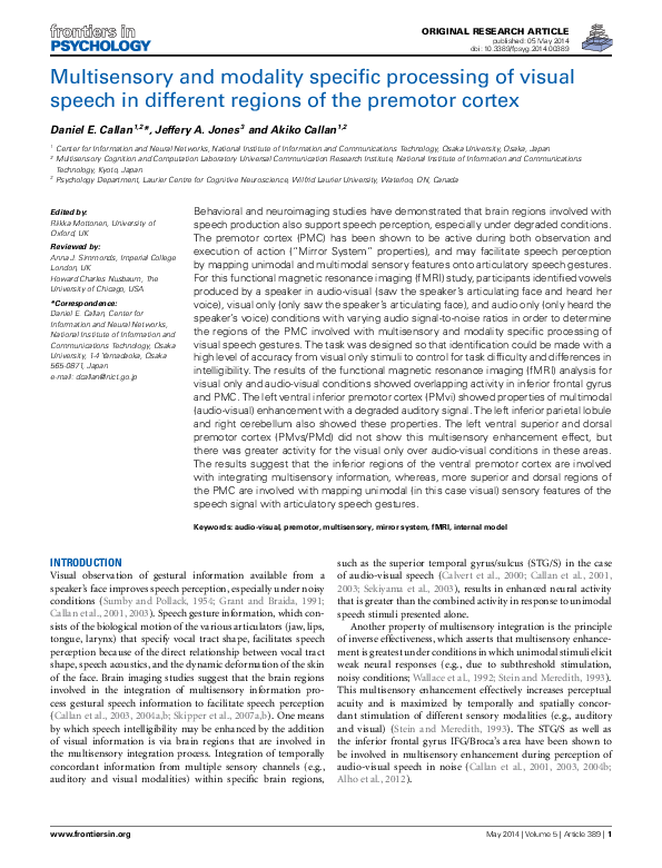 (PDF) Multisensory and modality specific processing of visual speech in different regions of the ...