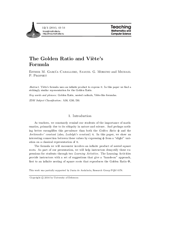 (PDF) The golden ratio and Viéte’s formula | Samuel Moreno - Academia.edu