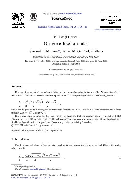 (PDF) On Viète-like formulas