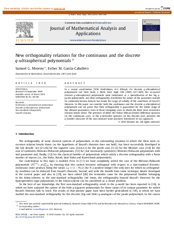 (PDF) New orthogonality relations for the continuous and the discrete q-ultraspherical polynomials