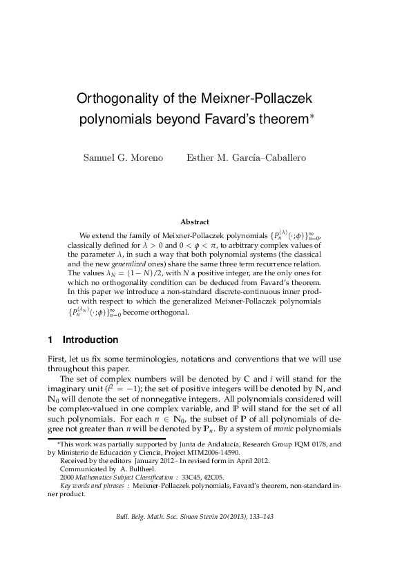 (PDF) Orthogonality of the Meixner-Pollaczek polynomials beyond Favard ...
