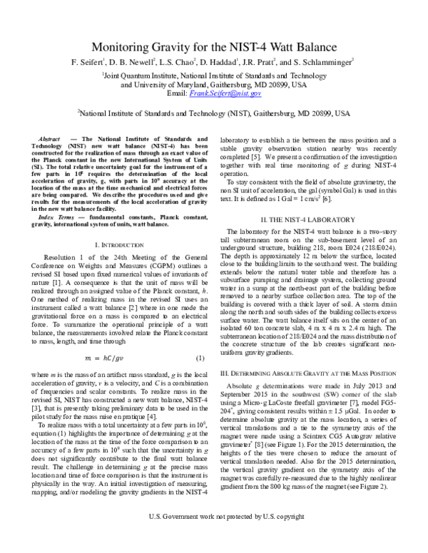 (PDF) Monitoring gravity for the NIST-4 watt balance