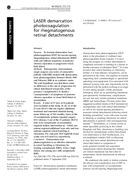 (PDF) LASER demarcation photocoagulation for rhegmatogenous retinal ...